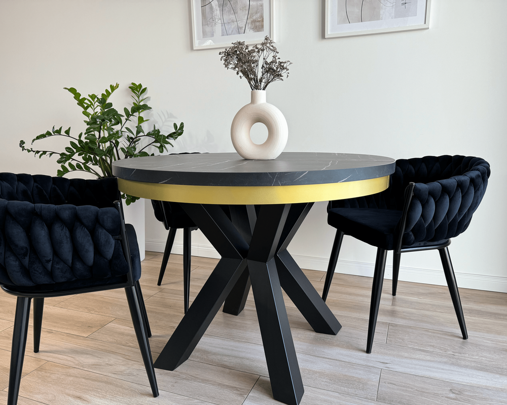 Runt matbord med iläggsskiva 120 cm svart/guld NARVIC